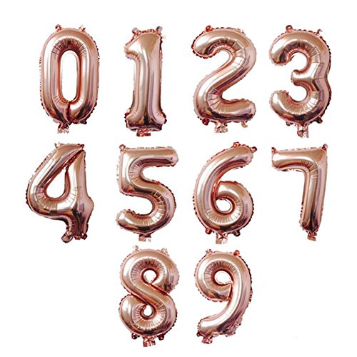 AnnoDeel 10 pcs 16inch Number Rose Gold Mylar Balloons, 0~9 Rose Gold Foil Balloons for Birthday Wedding Party Decorations Number Balloons