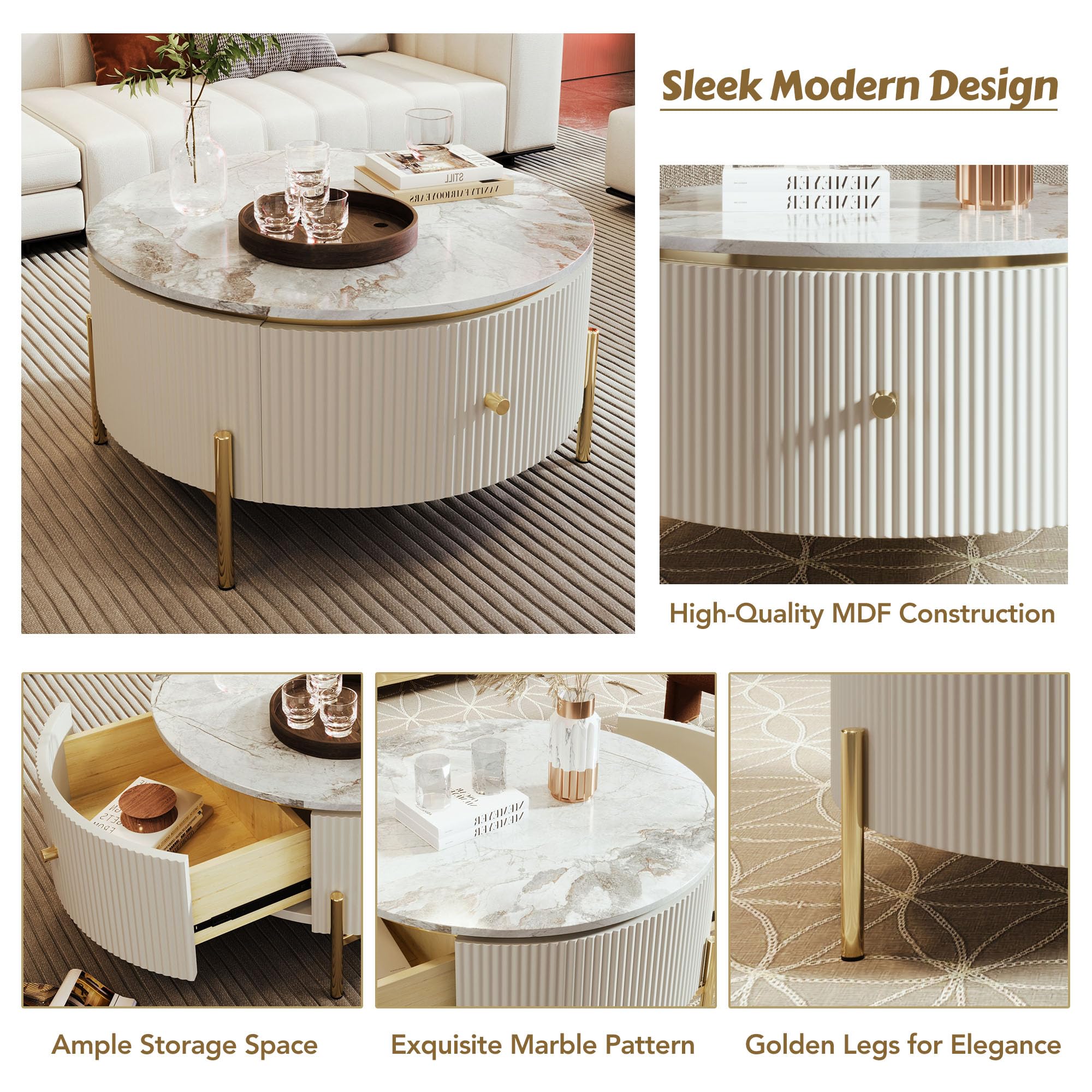 Merax Modern Round Coffee Table Set with 2 Large Drawers Storage Golden Metal Leg Circular Marble Pattern for Living Room Apartment(31.5''), Off White
