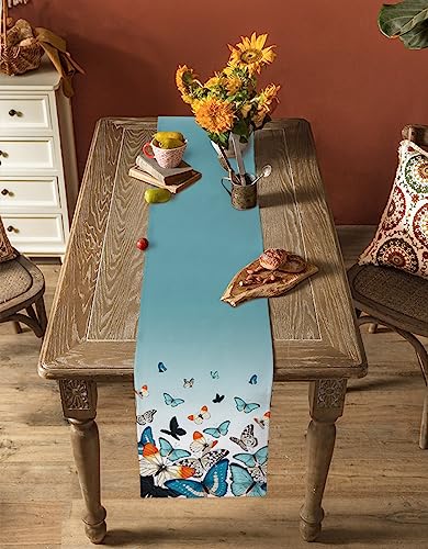 Lsrtoss Teal Ombre Table Runner 72 Inches Long Farmhouse Dress Scarves, Blue Orange Butterfly Modern Abstract Art Dining Tablerunner for Coffee Table/Kitchen Island/Party Décor, 18" x 72"