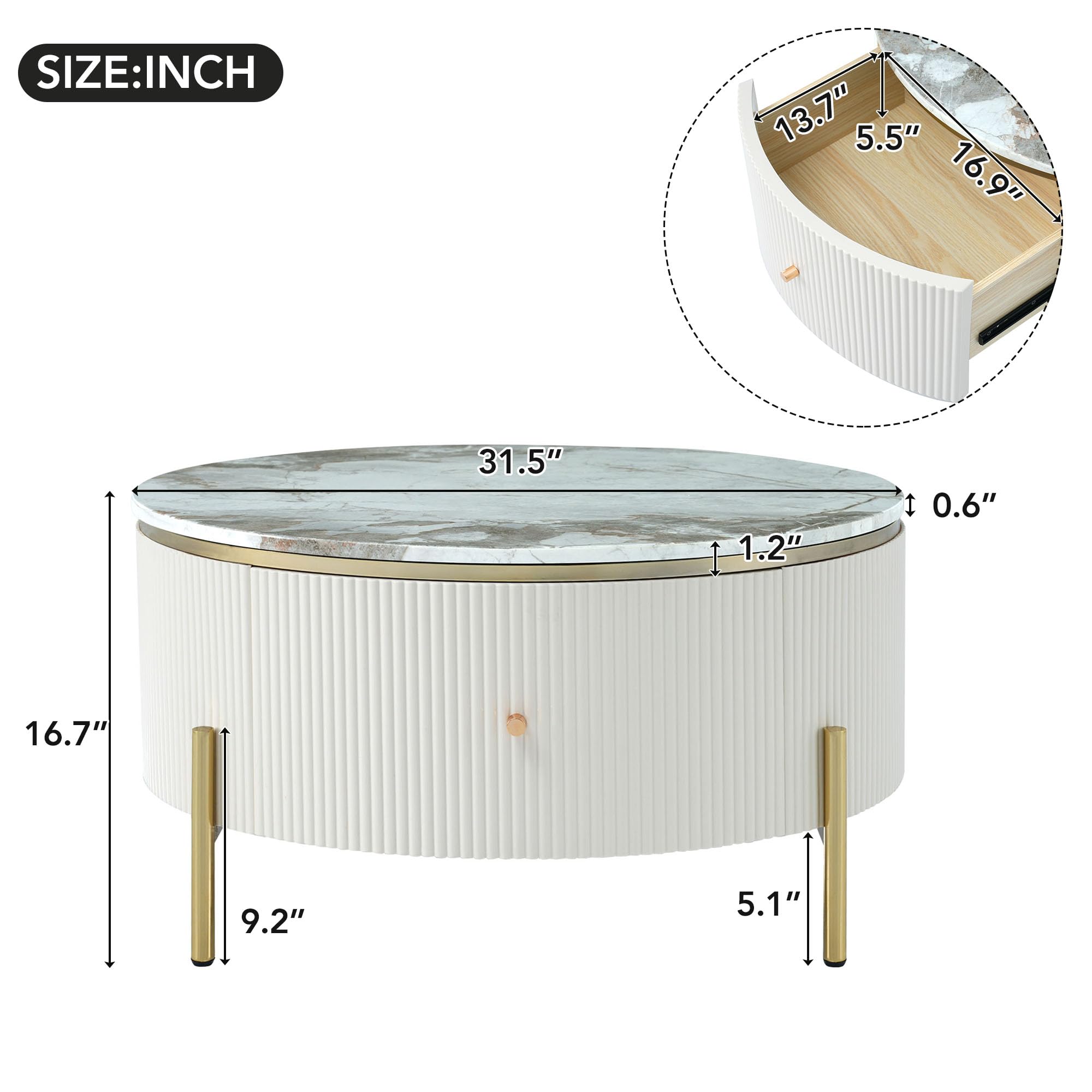 Merax Modern Round Coffee Table Set with 2 Large Drawers Storage Golden Metal Leg Circular Marble Pattern for Living Room Apartment(31.5''), Off White