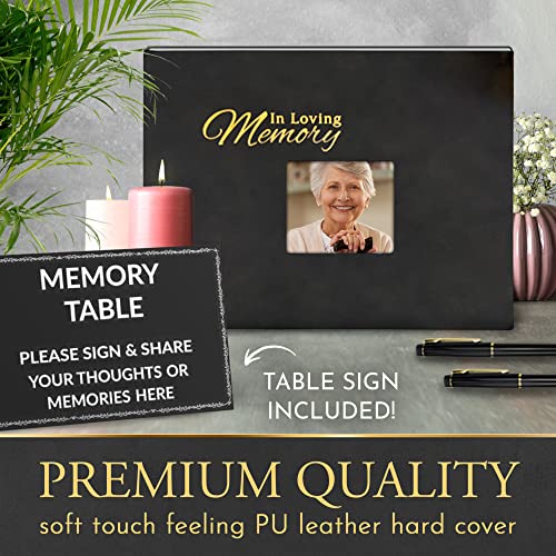 Classic Funeral Guest Book for Memorial Service, Set 4 pcs for Memorial Service, PU Golden Embossed Cover, Table Display Sign, and 2 Black Gold Gel Pen and 42 Sheets (84 Pages).
