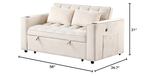 FULife 58" Convertible Sofa Couch with Pull-Out Sleeper,Adjustable Loveseat Armchair Single Bed Chair with Cup Holder,USB Port,Side Pocket&Pillows for Living Room/Apartment/Office/Studio/Small Place