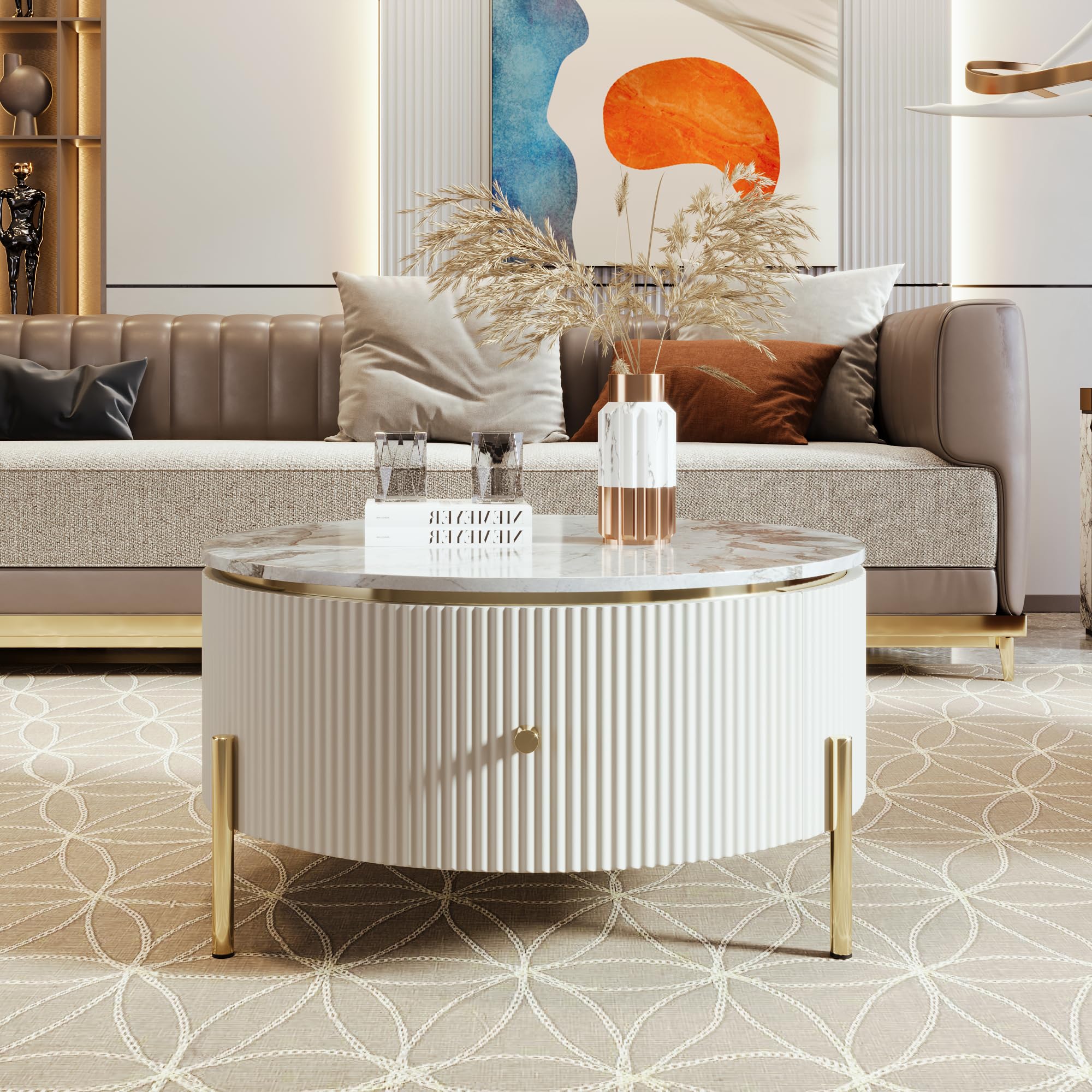 Merax Modern Round Coffee Table Set with 2 Large Drawers Storage Golden Metal Leg Circular Marble Pattern for Living Room Apartment(31.5''), Off White