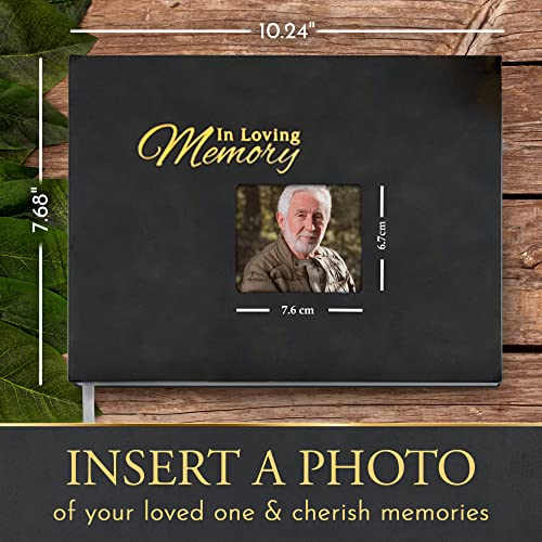 Classic Funeral Guest Book for Memorial Service, Set 4 pcs for Memorial Service, PU Golden Embossed Cover, Table Display Sign, and 2 Black Gold Gel Pen and 42 Sheets (84 Pages).