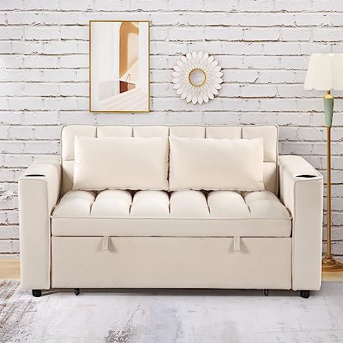 FULife 58" Convertible Sofa Couch with Pull-Out Sleeper,Adjustable Loveseat Armchair Single Bed Chair with Cup Holder,USB Port,Side Pocket&Pillows for Living Room/Apartment/Office/Studio/Small Place