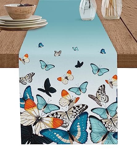 Lsrtoss Teal Ombre Table Runner 72 Inches Long Farmhouse Dress Scarves, Blue Orange Butterfly Modern Abstract Art Dining Tablerunner for Coffee Table/Kitchen Island/Party Décor, 18" x 72"
