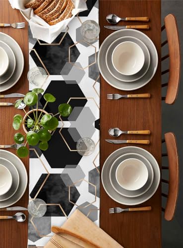 Lsrtoss Black Grey Geometric Table Runner 120 Inches Long Farmhouse Dress Scarves, Yellow Modern Abstract Art Aesthetics Dining Tablerunner for Coffee Table/Kitchen Island/Party Décor, 13" x 120"