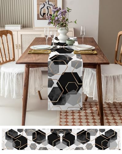 Lsrtoss Black Grey Geometric Table Runner 120 Inches Long Farmhouse Dress Scarves, Yellow Modern Abstract Art Aesthetics Dining Tablerunner for Coffee Table/Kitchen Island/Party Décor, 13" x 120"