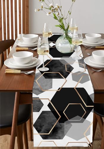 Lsrtoss Black Grey Geometric Table Runner 120 Inches Long Farmhouse Dress Scarves, Yellow Modern Abstract Art Aesthetics Dining Tablerunner for Coffee Table/Kitchen Island/Party Décor, 13" x 120"