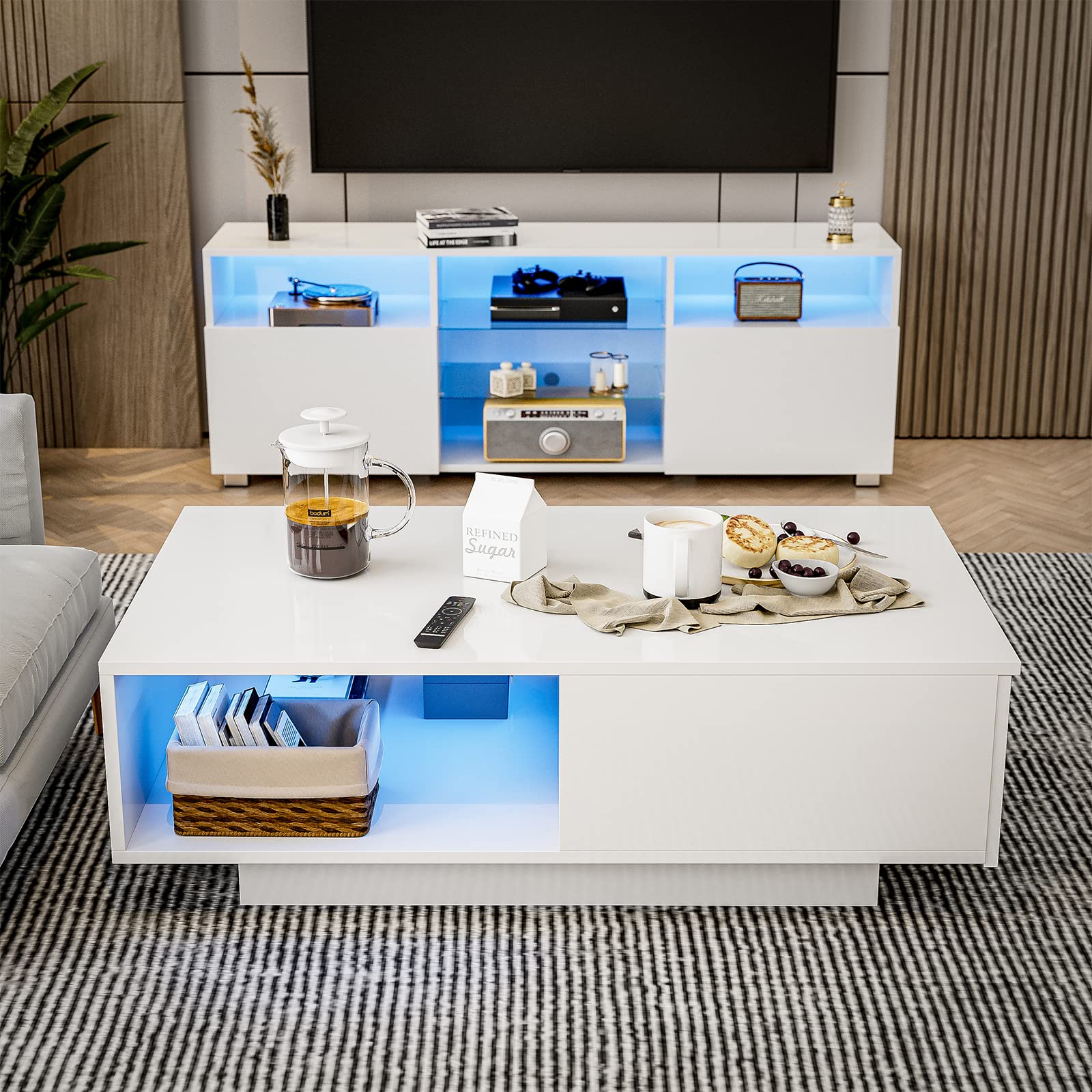 IKIFLY Modern LED Coffee Table with A Drawer, White High Glossy Coffee Table with 16 Colors LED Lights for Living Room