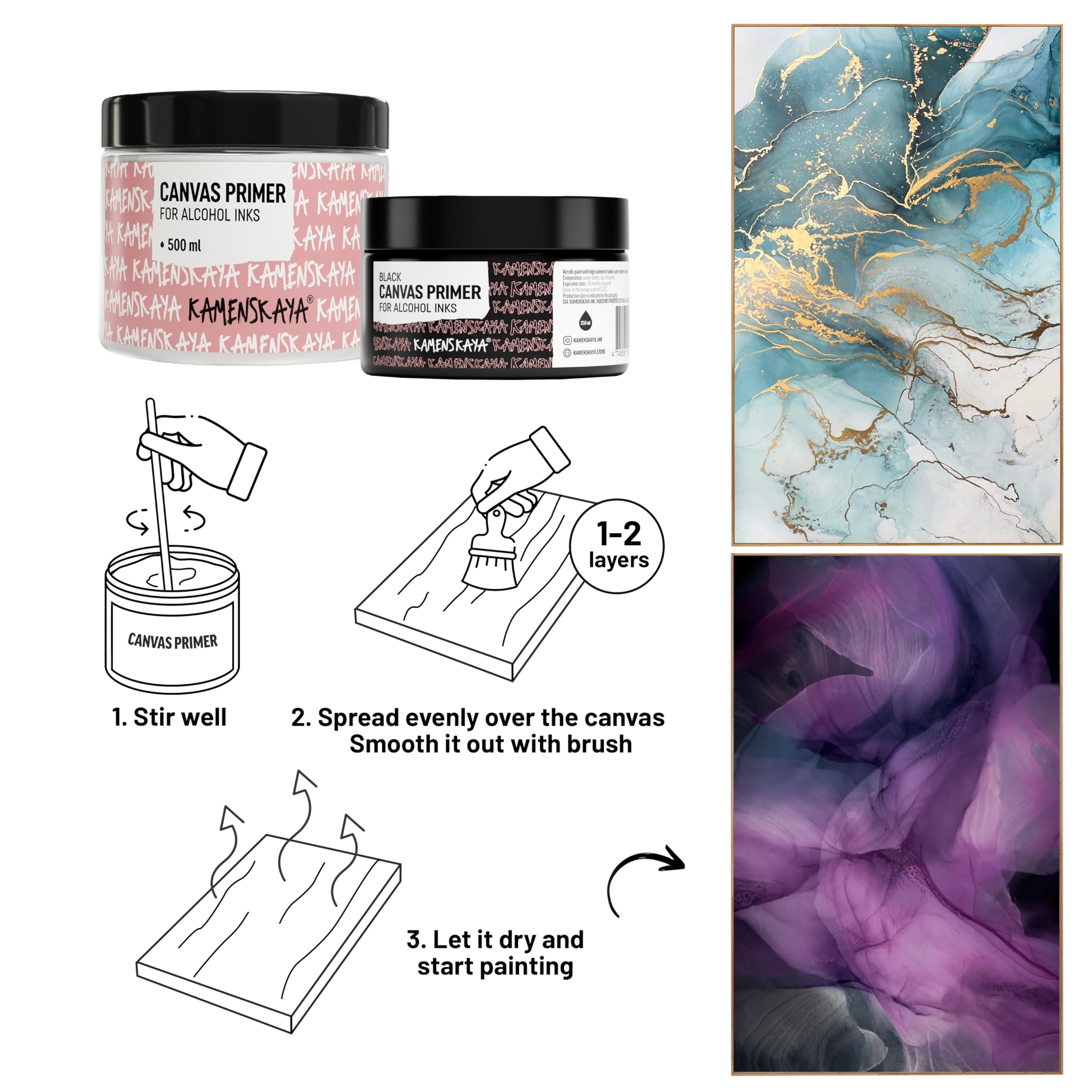 Kamenskaya White Acrylic Gesso Primer for Alcohol Ink Painting on Canvases,16.9 fl oz (500 ml)