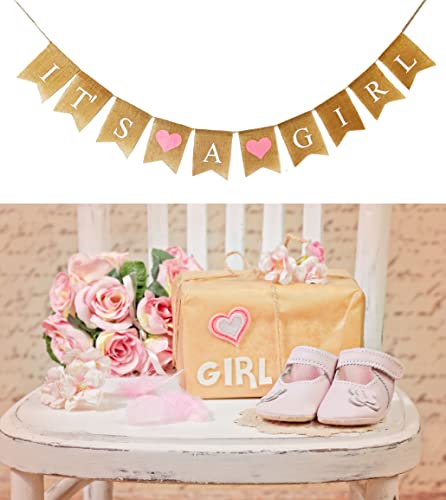 Shimmer Anna Shine It's a Girl Burlap Banner for Baby Shower Decorations and Gender Reveal Party (Pink)