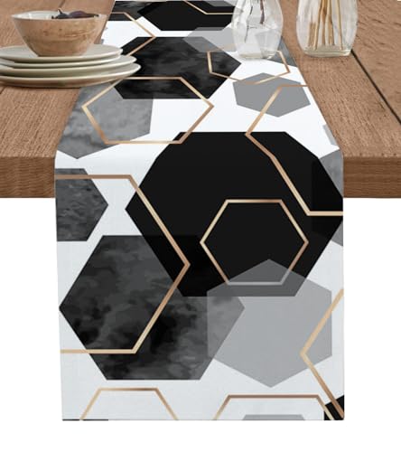 Lsrtoss Black Grey Geometric Table Runner 120 Inches Long Farmhouse Dress Scarves, Yellow Modern Abstract Art Aesthetics Dining Tablerunner for Coffee Table/Kitchen Island/Party Décor, 13" x 120"