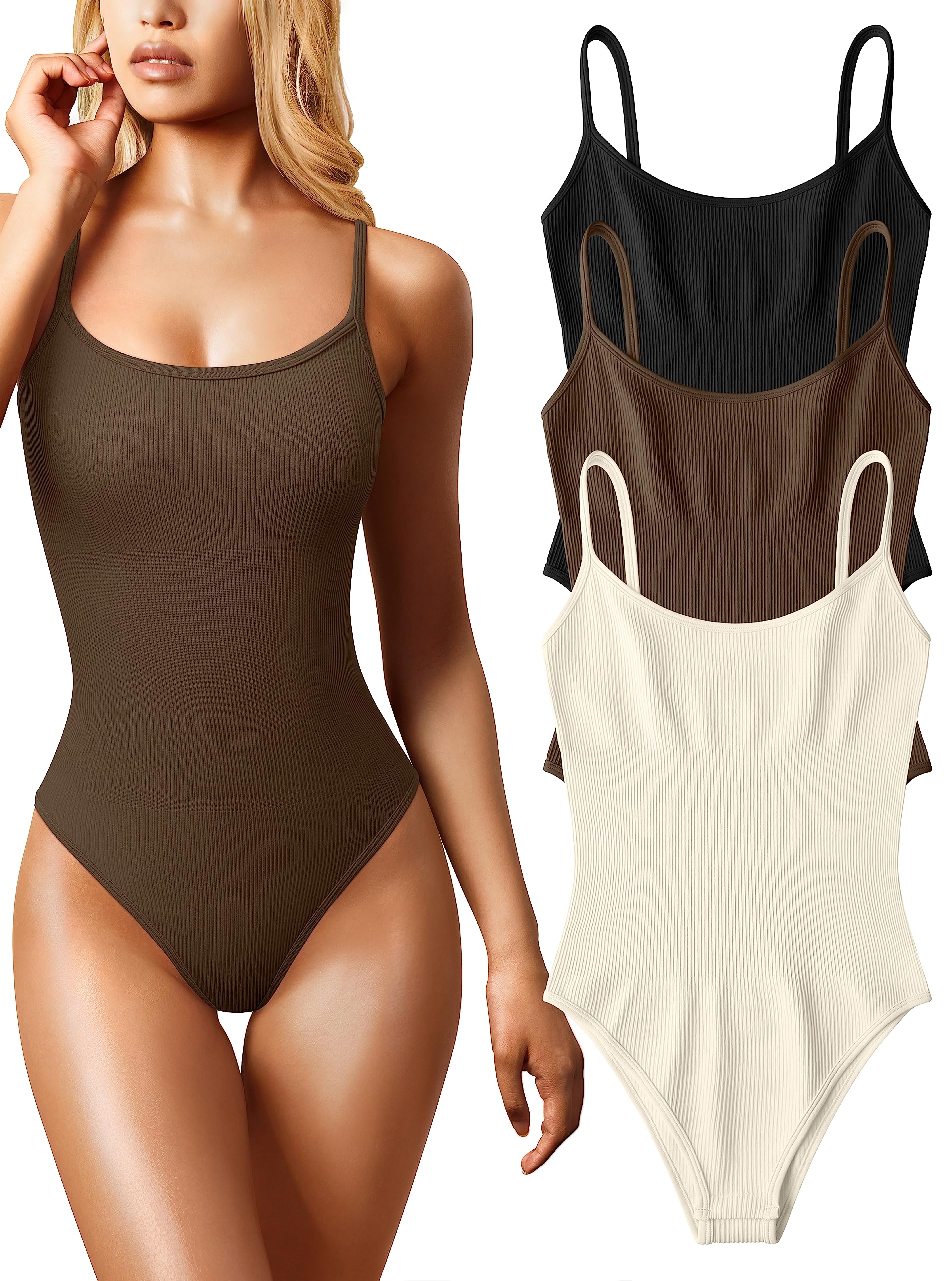 OQQ Women's 3 Piece Bodysuits Sexy Ribbed Sleeveless Adjustable Spaghetti Strips Tops Leotard 2025 Summer Black Coffee Beige