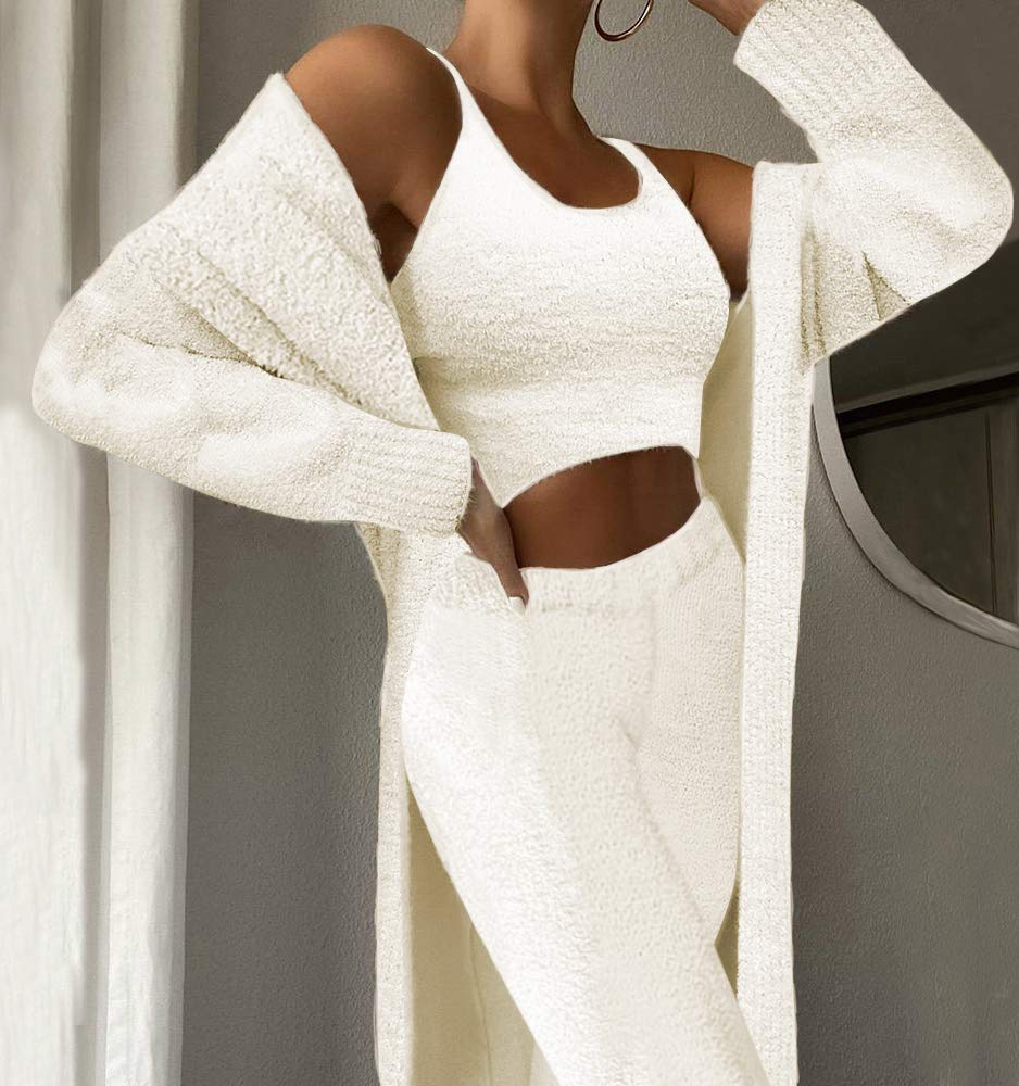 Fixmatti Women's Fuzzy 3 Piece Sweatsuit Open Front Cardigan Crop Tank Tops Wide Legs Pants Lounge Sets (Small, 1-White)