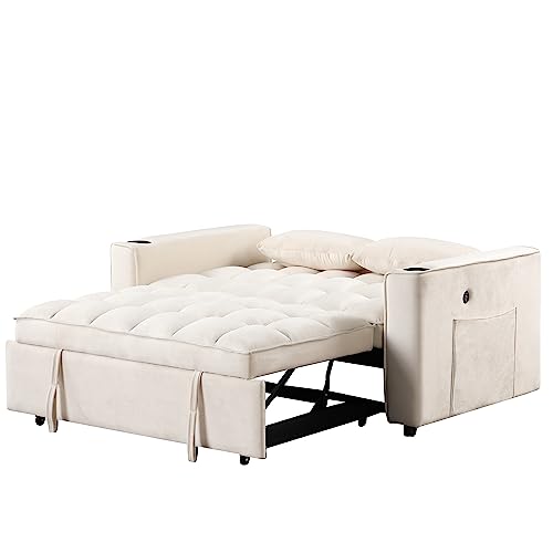 FULife 58" Convertible Sofa Couch with Pull-Out Sleeper,Adjustable Loveseat Armchair Single Bed Chair with Cup Holder,USB Port,Side Pocket&Pillows for Living Room/Apartment/Office/Studio/Small Place