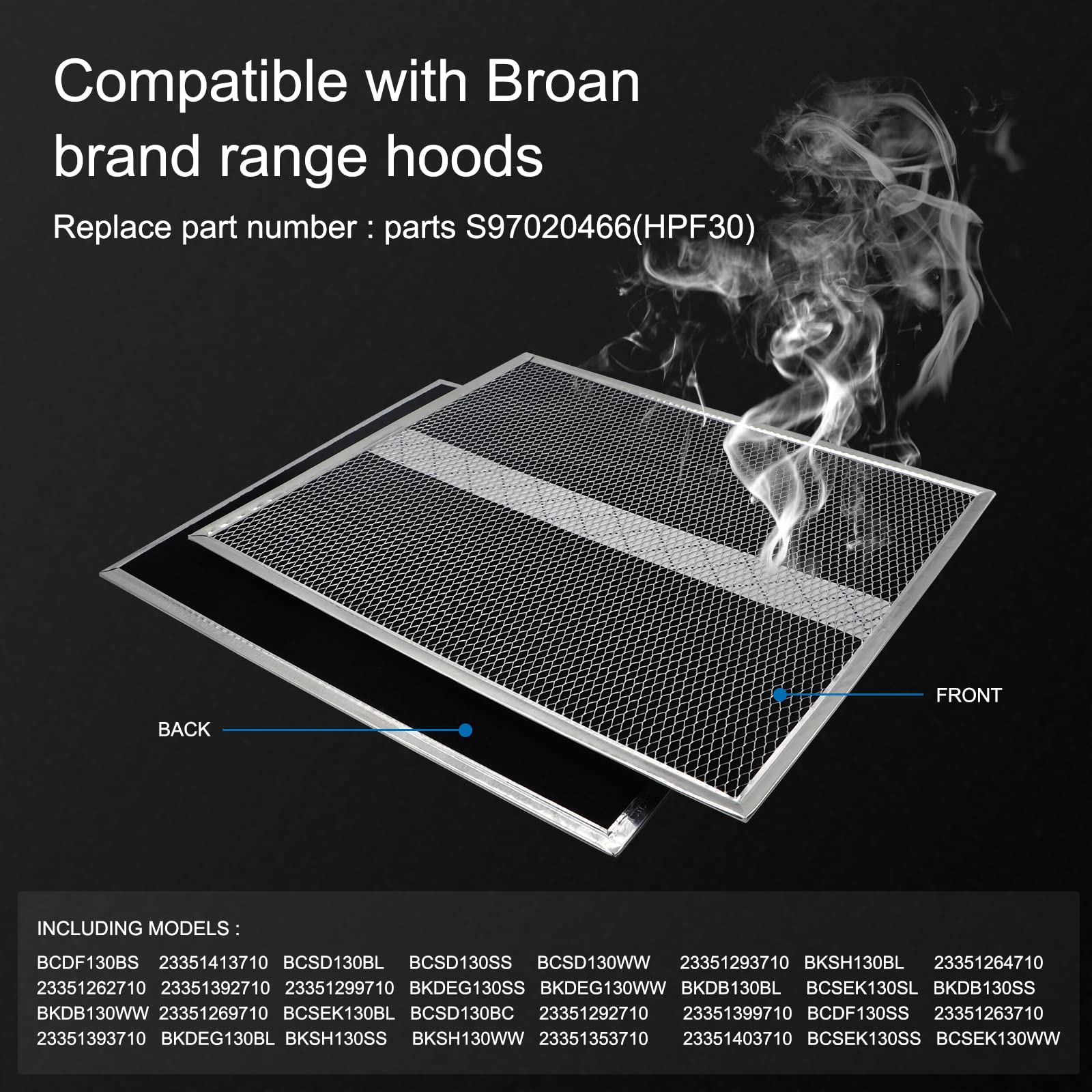 HPF30 Range Hood Non-Ducted Charcoal Filter (XC) 14.6" X 12.9" Compatible with Broan Range Hood Filter S97020466 Replacement Filter with Clips - 2 Pack