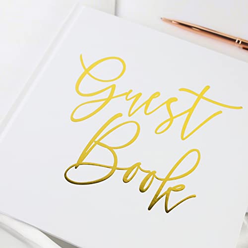 DHGFAMI Wedding Guest Book - 100 Page/50 Sheets – for Wedding, Reception, Engagement, Baby Birthday - White Guestbook w/Bookmark & Gold Floral Pattern Foil Gilded Edges (White)