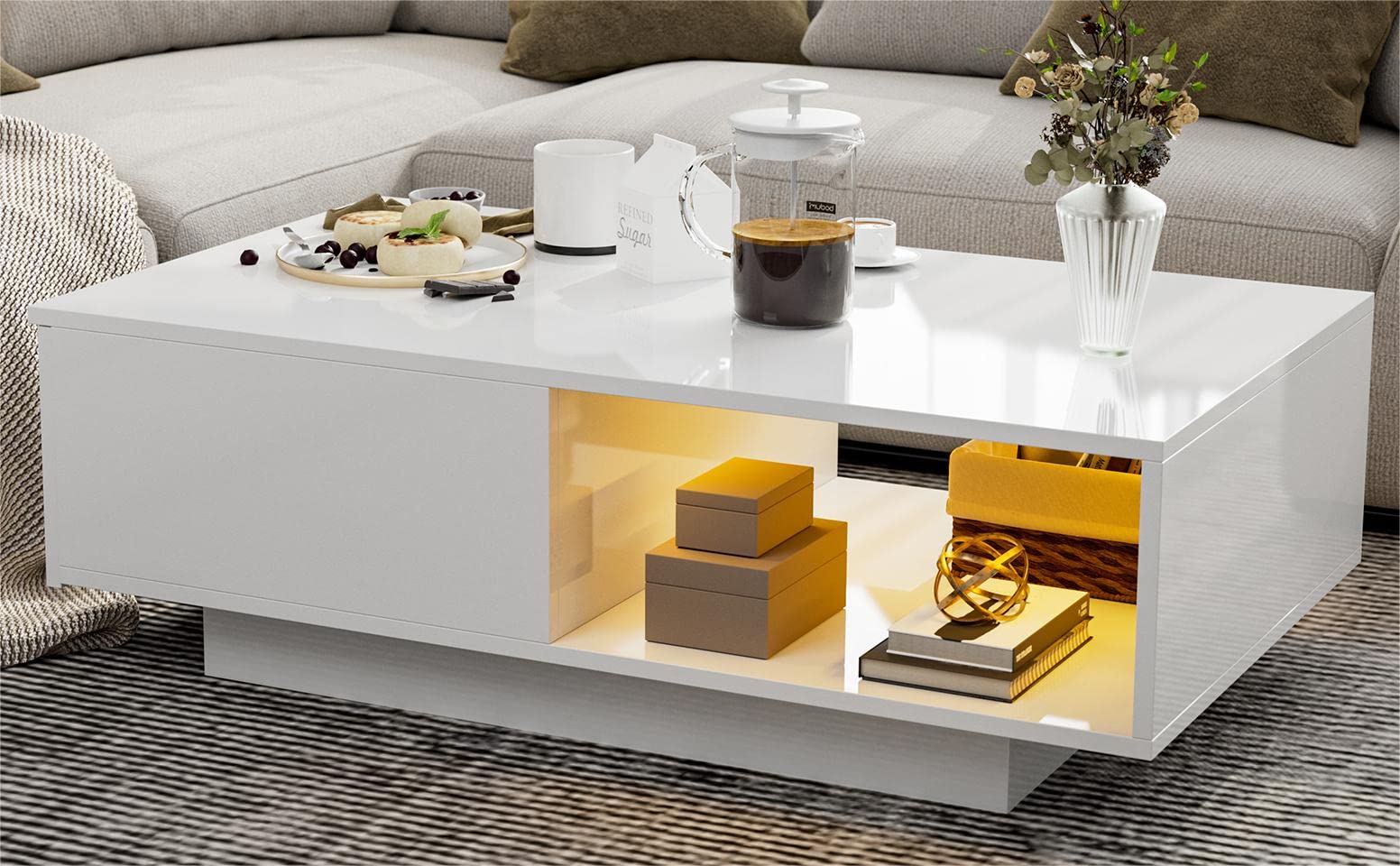 IKIFLY Modern LED Coffee Table with A Drawer, White High Glossy Coffee Table with 16 Colors LED Lights for Living Room