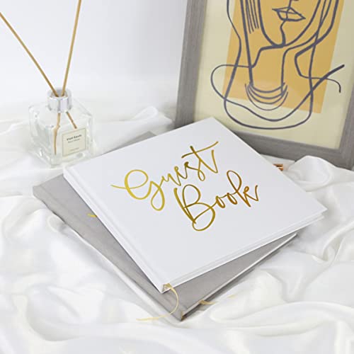DHGFAMI Wedding Guest Book - 100 Page/50 Sheets – for Wedding, Reception, Engagement, Baby Birthday - White Guestbook w/Bookmark & Gold Floral Pattern Foil Gilded Edges (White)