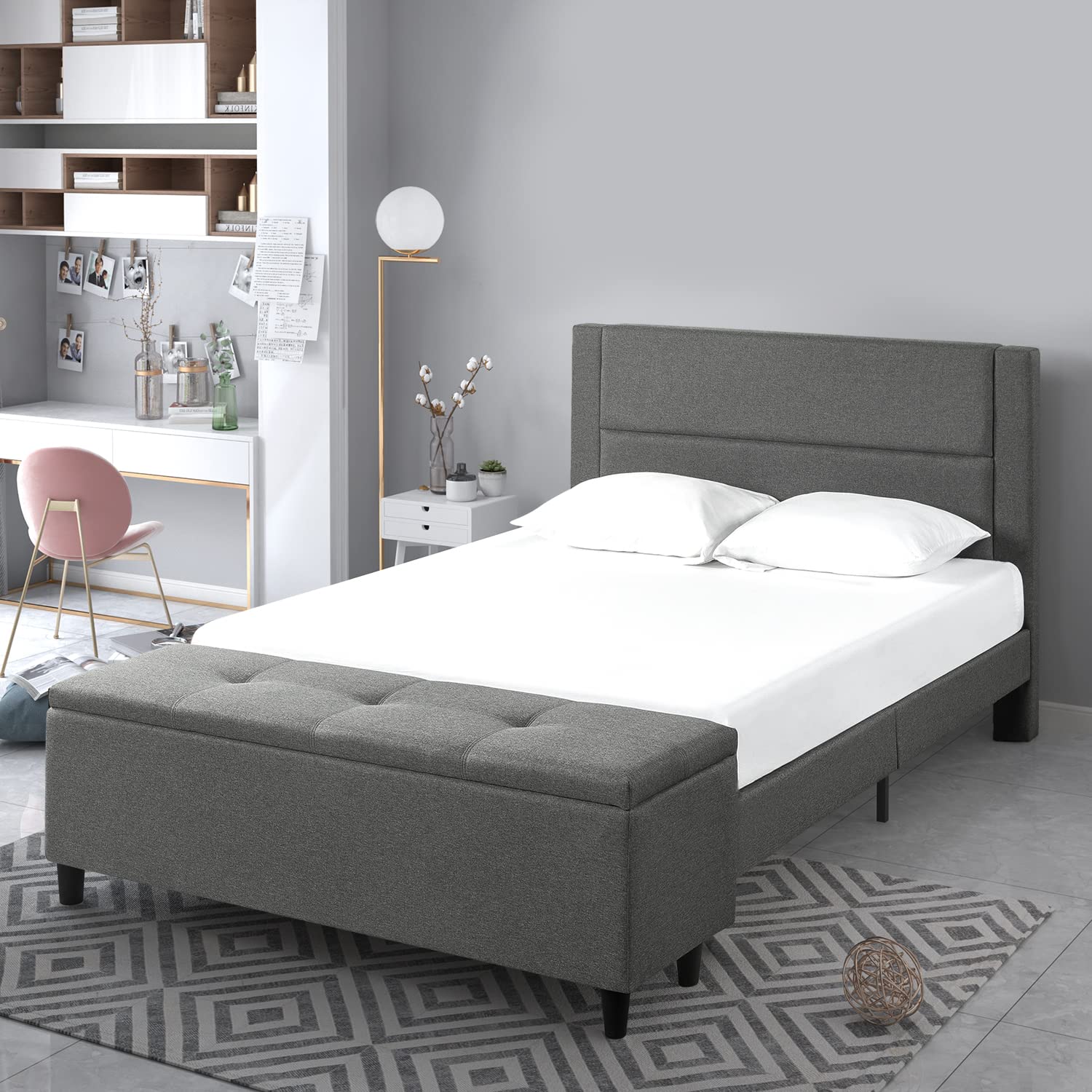 ZINUS Wanda Upholstered Platform Bed Frame with Storage Bench, Mattress Foundation with Wood Slat Support, No Box Spring Needed, Easy Assembly, Full