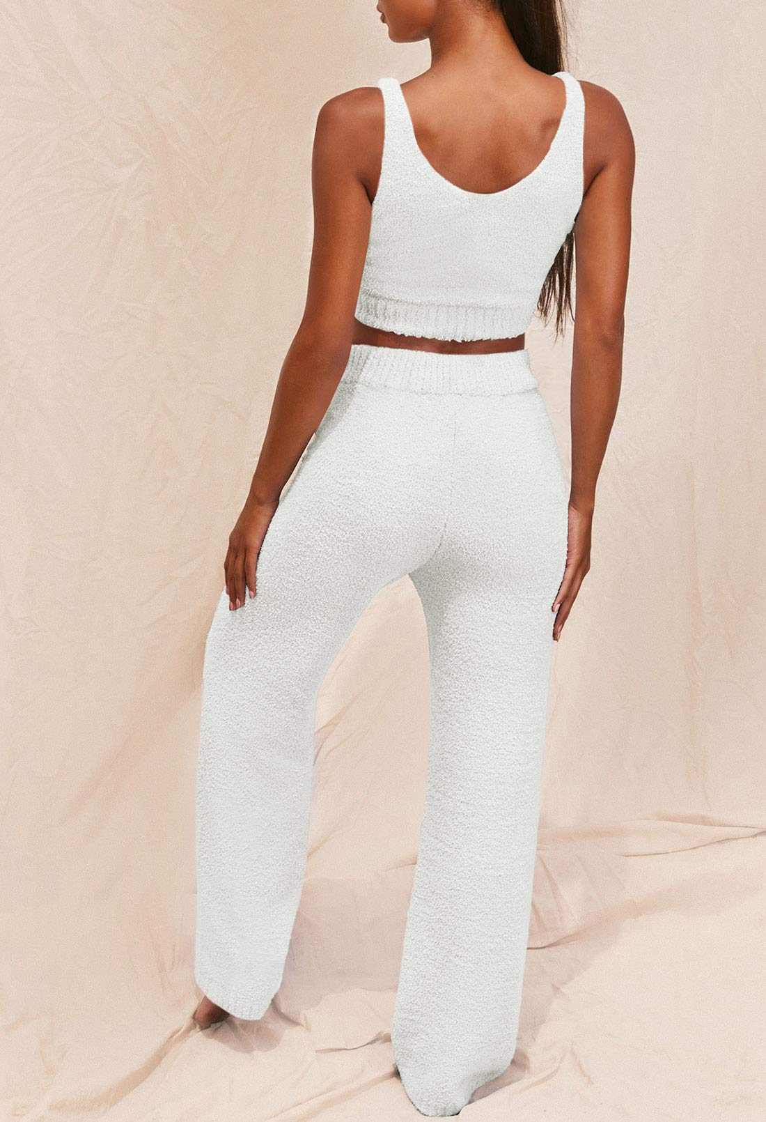 Fixmatti Women's Fuzzy 3 Piece Sweatsuit Open Front Cardigan Crop Tank Tops Wide Legs Pants Lounge Sets (Small, 1-White)