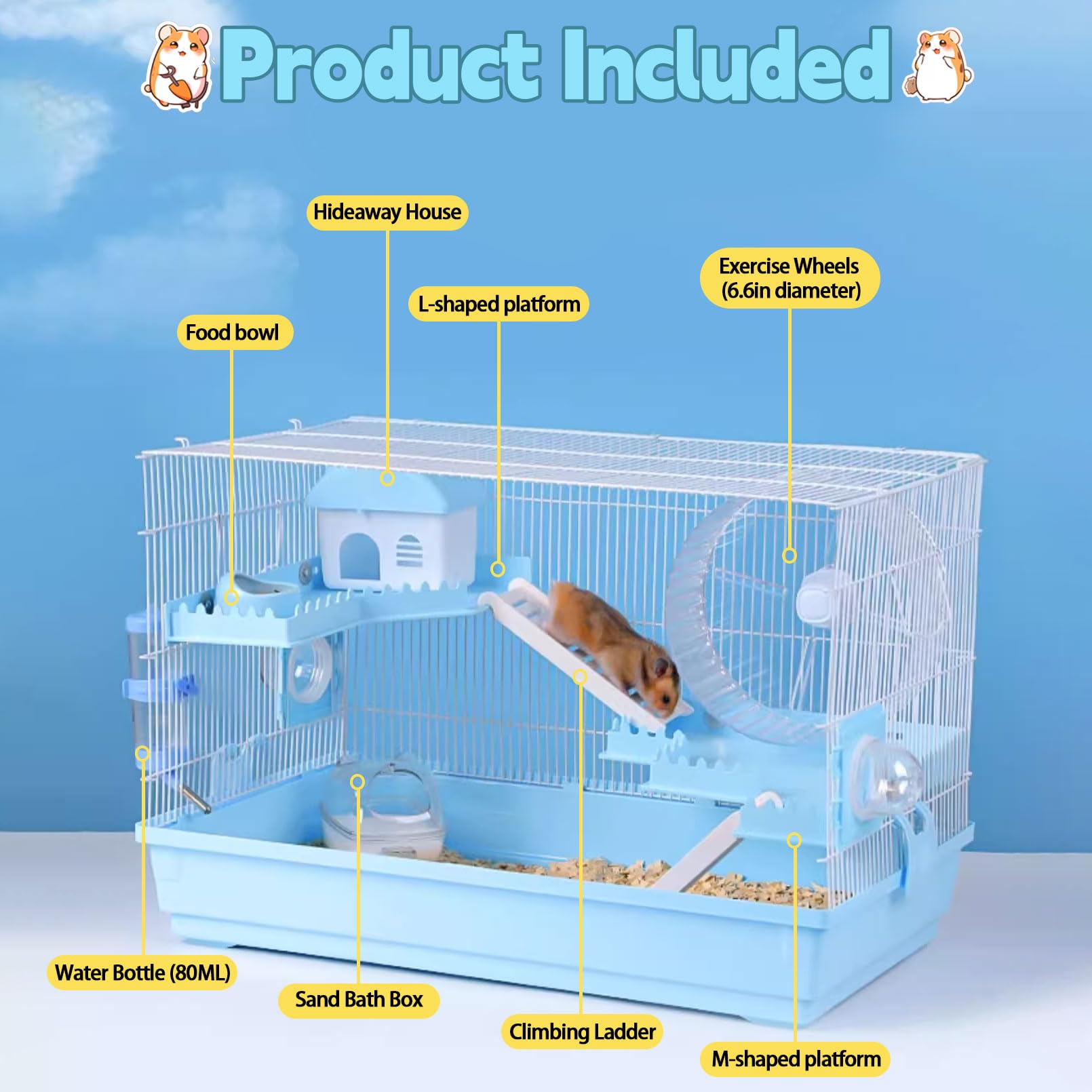 kathson Hamster Cages and Habitats Large Gerbil Cage with Accessories Hut Exercise Wheel Water Bottle Bowl Bathtub Small Animal Basic Cage for Syrian Hamster,3- Levels,22" L x 12.5" W x 14" H,Blue
