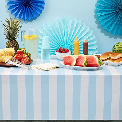 3 Pack Light Blue and White Striped Tablecloth, Disposable Table Cover for Summer Beach Theme Party Decorations (54 x 108 in)