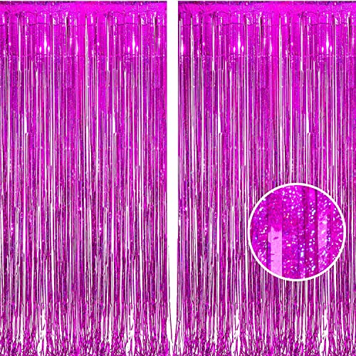BRAVESHINE Hot Pink Glitter Tinsel Foil Fringe Curtains - 2Pcs 3.2x8.2ft Metallic Party Streamers Backdrop for Birthday Valentines Wedding Bridal Shower Tropical Hawaiian Flamingo Theme Decorations