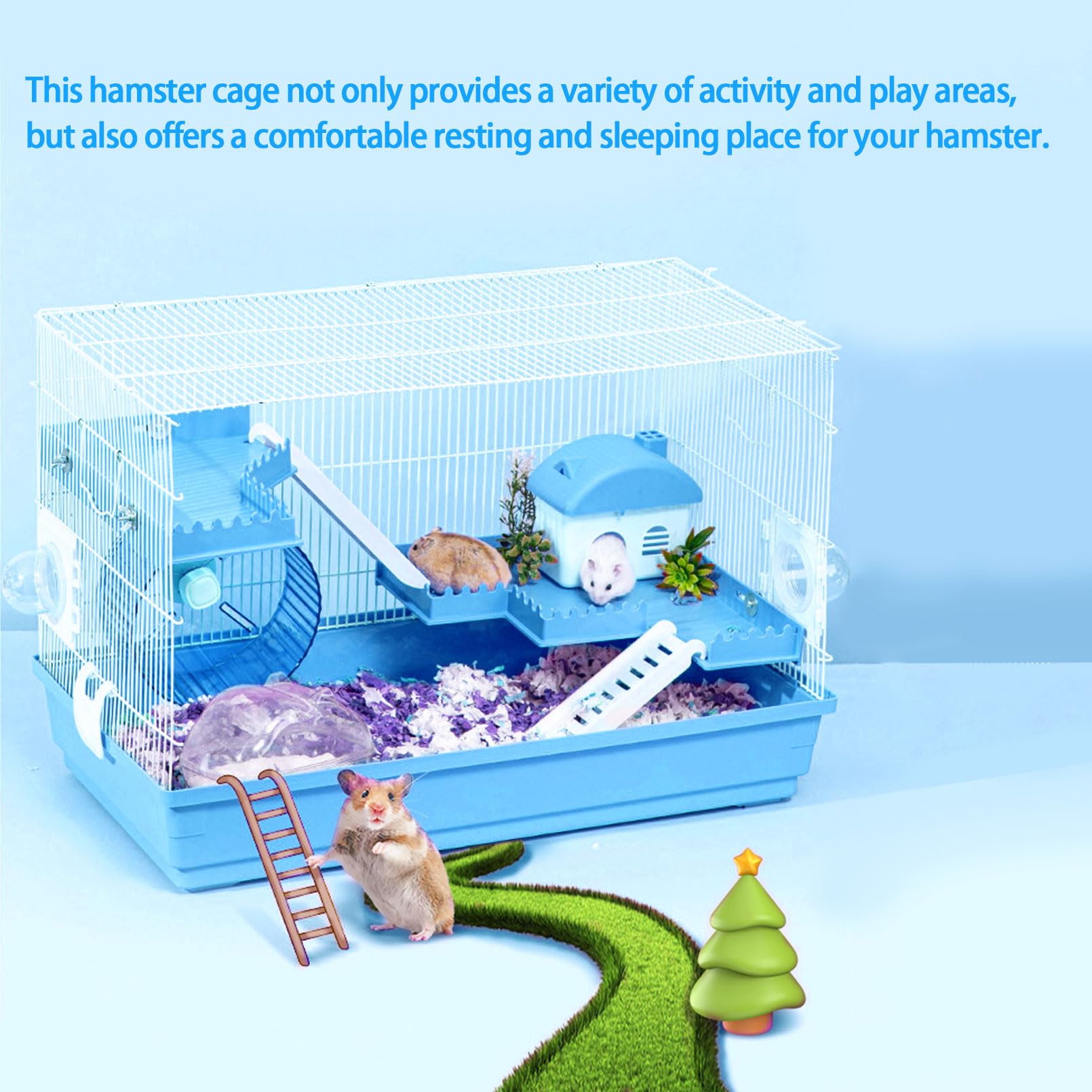 kathson Hamster Cages and Habitats Large Gerbil Cage with Accessories Hut Exercise Wheel Water Bottle Bowl Bathtub Small Animal Basic Cage for Syrian Hamster,3- Levels,22" L x 12.5" W x 14" H,Blue
