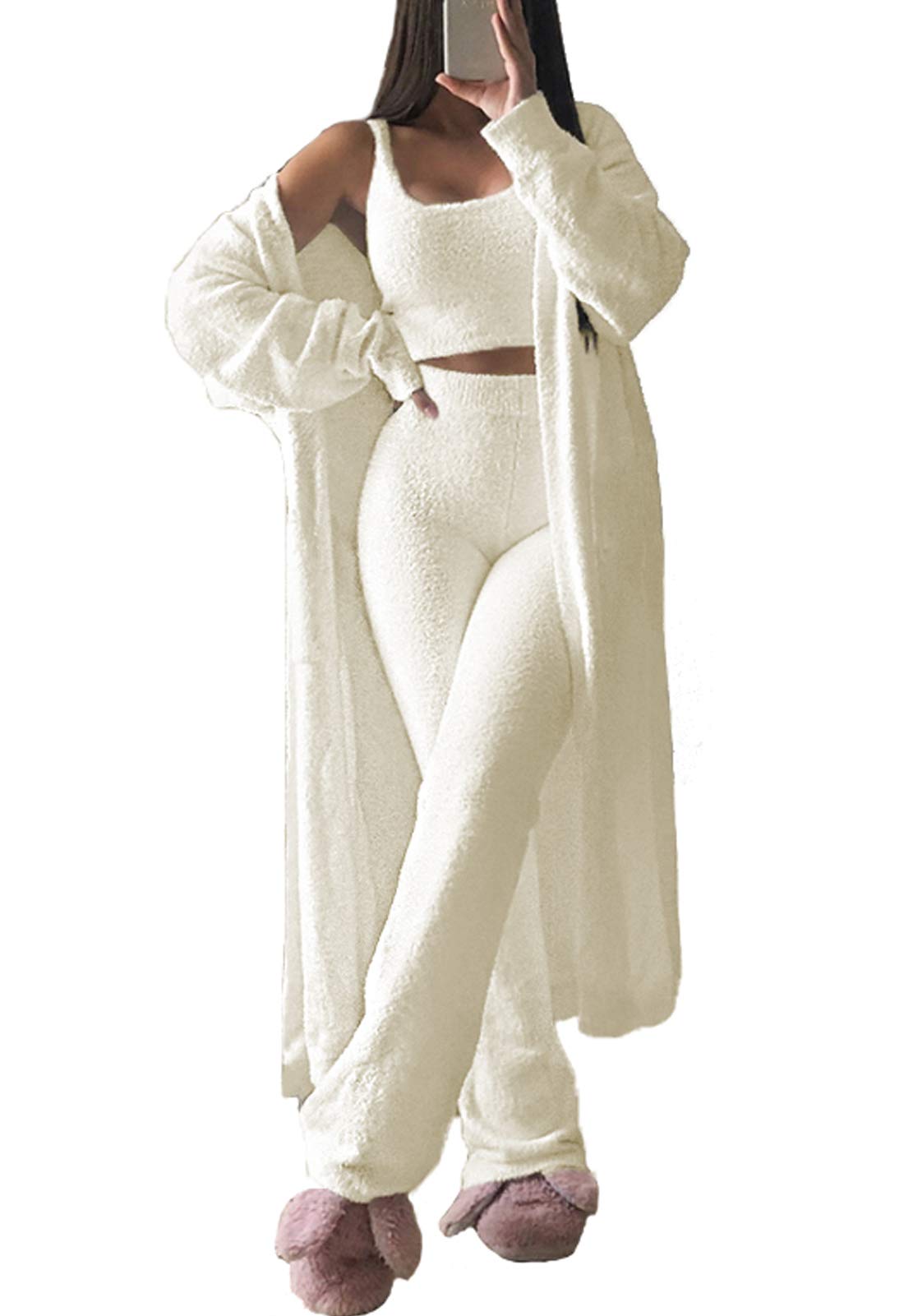 Fixmatti Women's Fuzzy 3 Piece Sweatsuit Open Front Cardigan Crop Tank Tops Wide Legs Pants Lounge Sets (Small, 1-White)