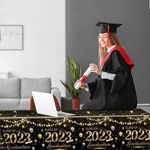 HAKOTI Graduation Party Decoration Black Gold Graduation Tablecloth Disposable Rectangular Table Cover for 2023 Graduation Decoration,Dinner Decoration,2023 Graduation Party Supplies (Black and Gold)