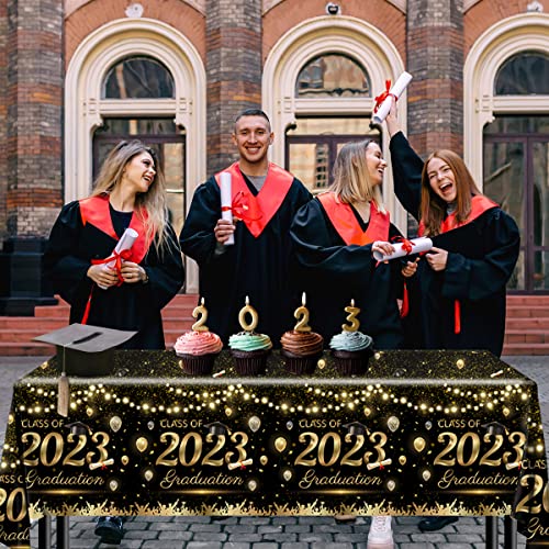 HAKOTI Graduation Party Decoration Black Gold Graduation Tablecloth Disposable Rectangular Table Cover for 2023 Graduation Decoration,Dinner Decoration,2023 Graduation Party Supplies (Black and Gold)