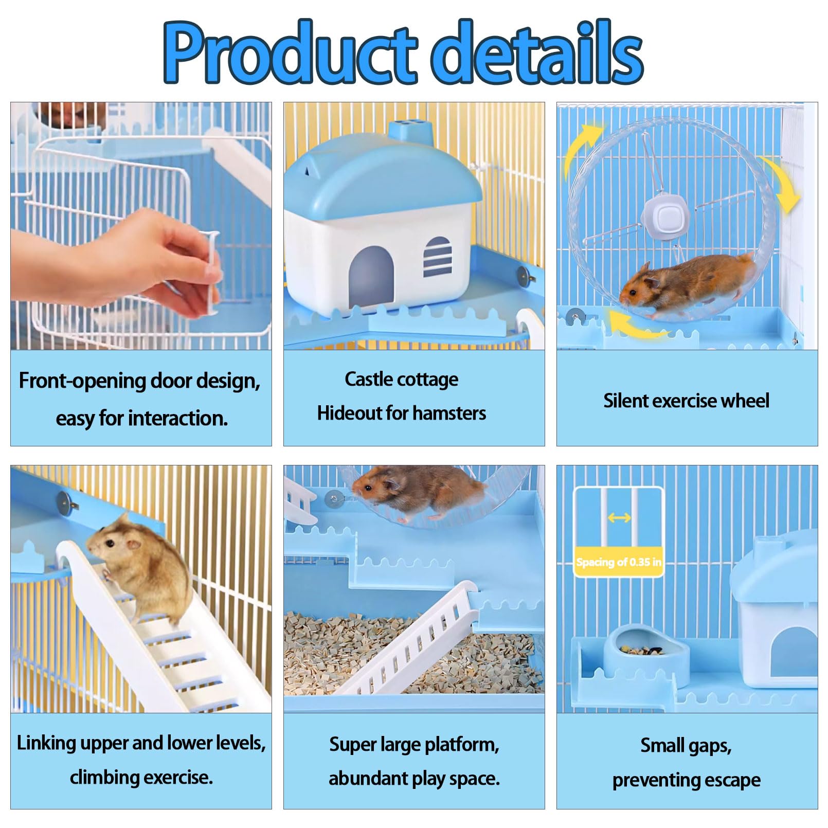 kathson Hamster Cages and Habitats Large Gerbil Cage with Accessories Hut Exercise Wheel Water Bottle Bowl Bathtub Small Animal Basic Cage for Syrian Hamster,3- Levels,22" L x 12.5" W x 14" H,Blue