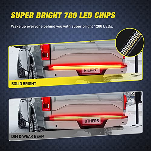 Nilight Truck Tailgate Light Strip 48" Aluminum Frame Triple Row 780 LED Strip with Red Running Brake Lights White Reverse Amber Sequential Turn Signals Strobe Lights,2 Years Warranty