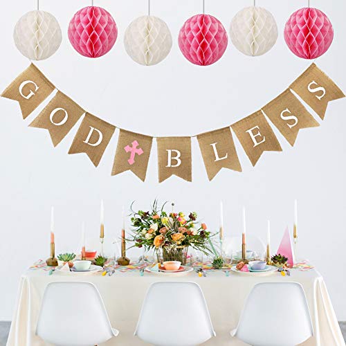 Baptism Decorations for Girls with 6pcs Paper Honeycombs, Baptism Banner Confirmation Communion Decorations