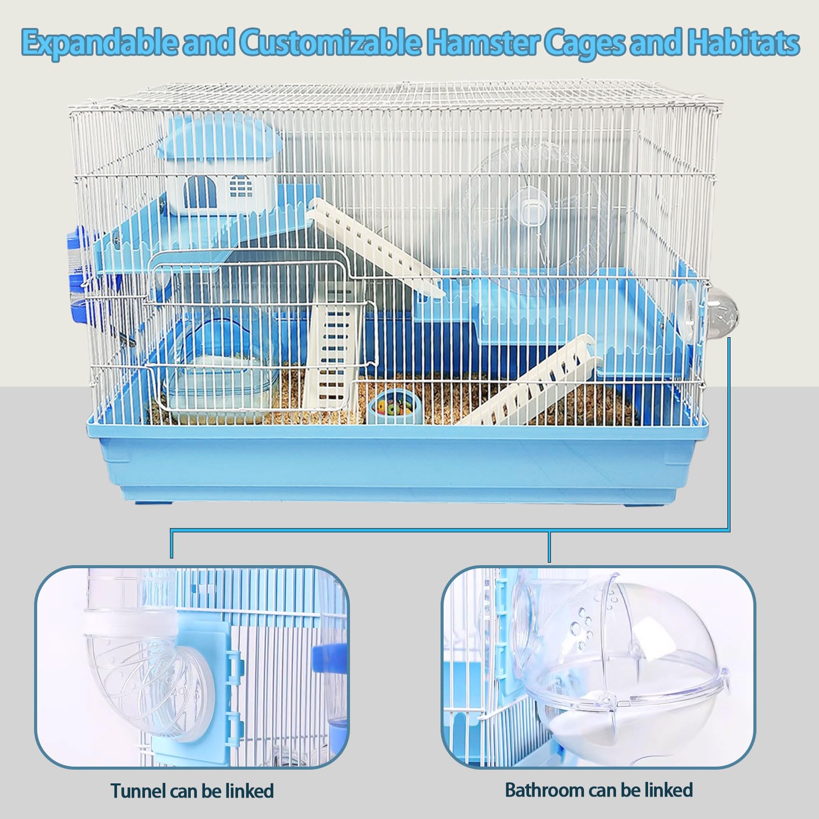 kathson Hamster Cages and Habitats Large Gerbil Cage with Accessories Hut Exercise Wheel Water Bottle Bowl Bathtub Small Animal Basic Cage for Syrian Hamster,3- Levels,22" L x 12.5" W x 14" H,Blue