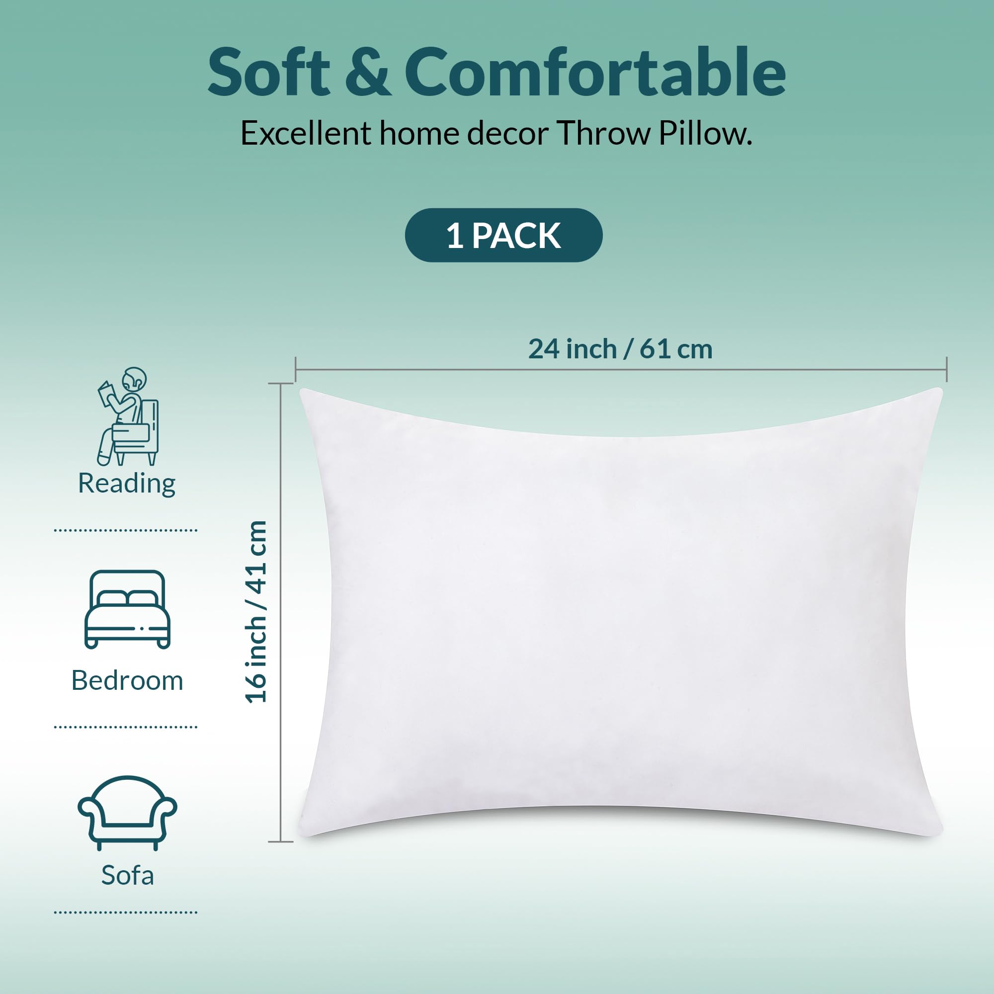 ROYALE LINENS 16 x 24 Pillow Insert - Down Alternative Throw Pillows Insert - Rectangle Pillow Pack of 1 White - Bed & Couch Pillows - Inner Cushion for Bed, Cushion for Living Room - Shams Stuffer