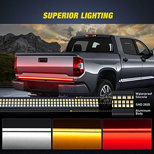 Nilight Truck Tailgate Light Strip 48" Aluminum Frame Triple Row 780 LED Strip with Red Running Brake Lights White Reverse Amber Sequential Turn Signals Strobe Lights,2 Years Warranty