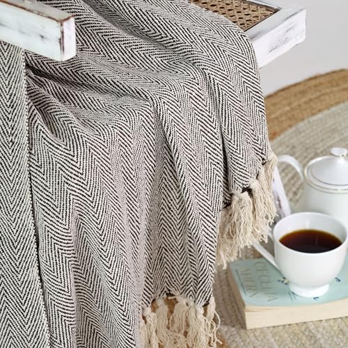 THE ART BOX Brown Throw Blanket for Sofa and Couch Cotton Reversible Chevron Striped Farmhouse Bed Throws Boho Indian Decorative Arm Chair Settee Cover - 50x60 Inches