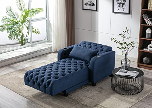 HAUSHECK, 3-in-1 Convertible Adjustable Backrest, Armrest Pocket & Pillow, Single Armchair Sleeping Chairs for Adults, Sleeper Sofa Bed for Living Room Apartment, 40.16''L x 57.09''W x 38.04''H, Navy