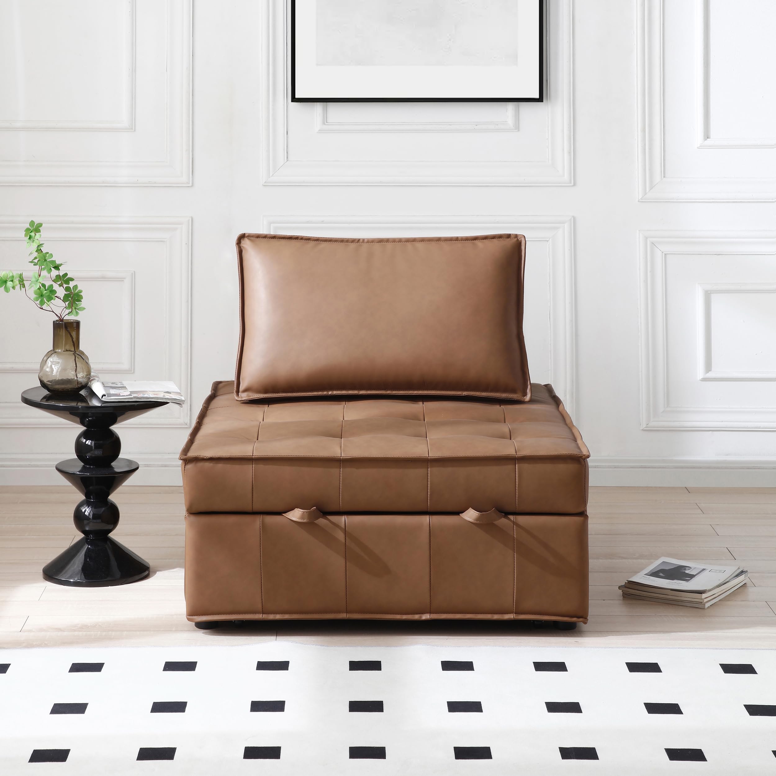 YuiHome Lazy 3 in 1 Multipurpose Faux Leather Ottoman, Convertible, Adjustable Single Sleeper Chair Sofa Bed for Living Room Apartment,Brown
