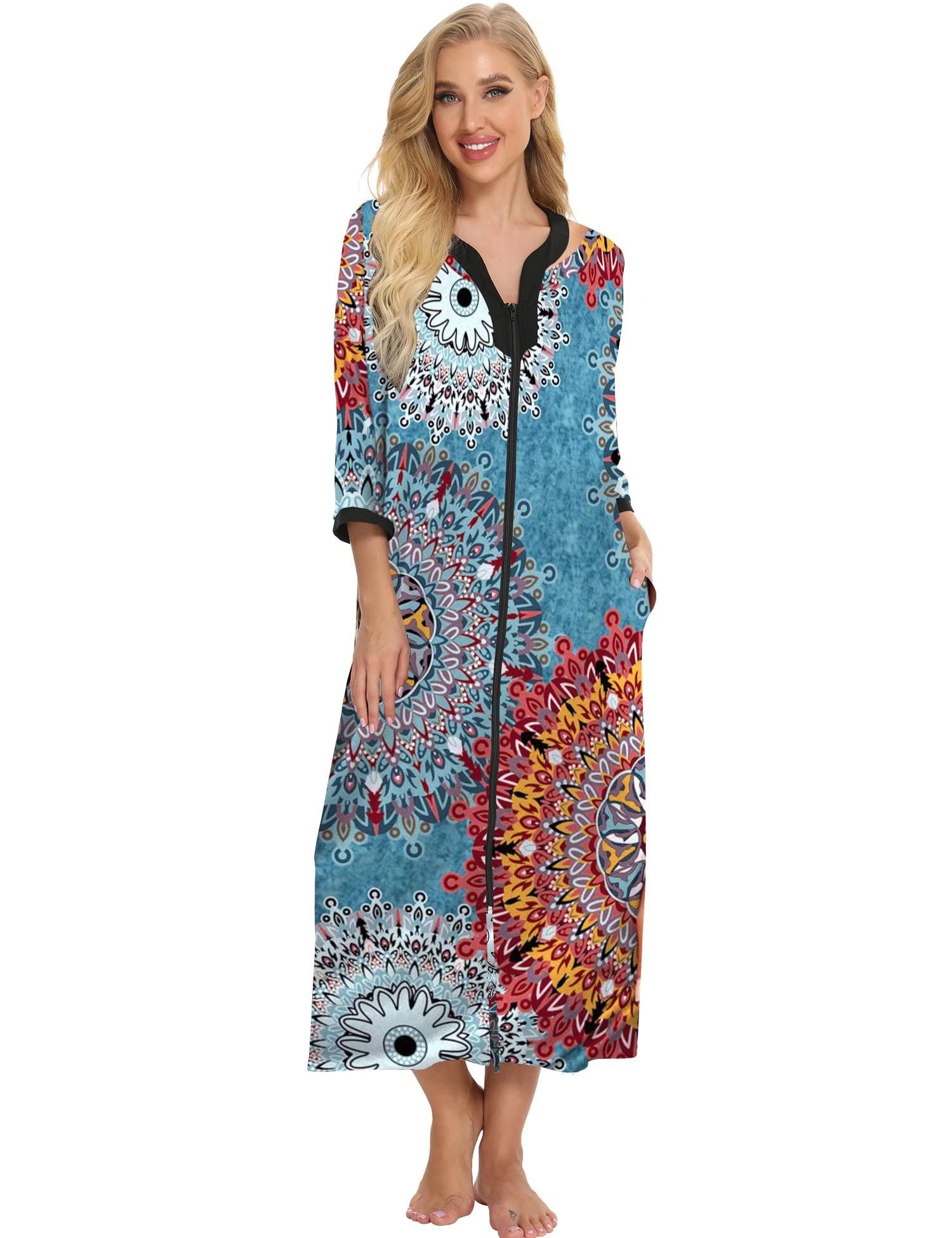 Bloggerlove Womens Robes Lightweight for Hospital Delivery House Coat Maxi House Dress Zip Up Bathrobe Leightweight Nightgown Long Sleepwear House Dress Caftan