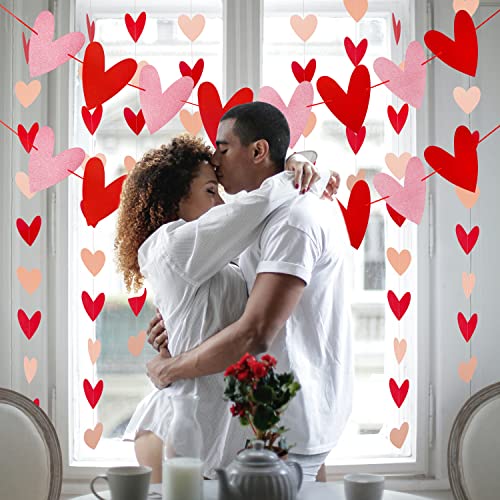 Valentines Day Decor, Heart Garland Love Banner Happy Valentines Day Banner Red Pink Glittery Heart Valentines Decorations Hanging Rustic Valentine Décor for Home Decor for Mantle Fireplace Wall