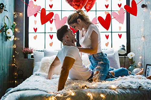 Valentines Day Decor, Heart Garland Love Banner Happy Valentines Day Banner Red Pink Glittery Heart Valentines Decorations Hanging Rustic Valentine Décor for Home Decor for Mantle Fireplace Wall