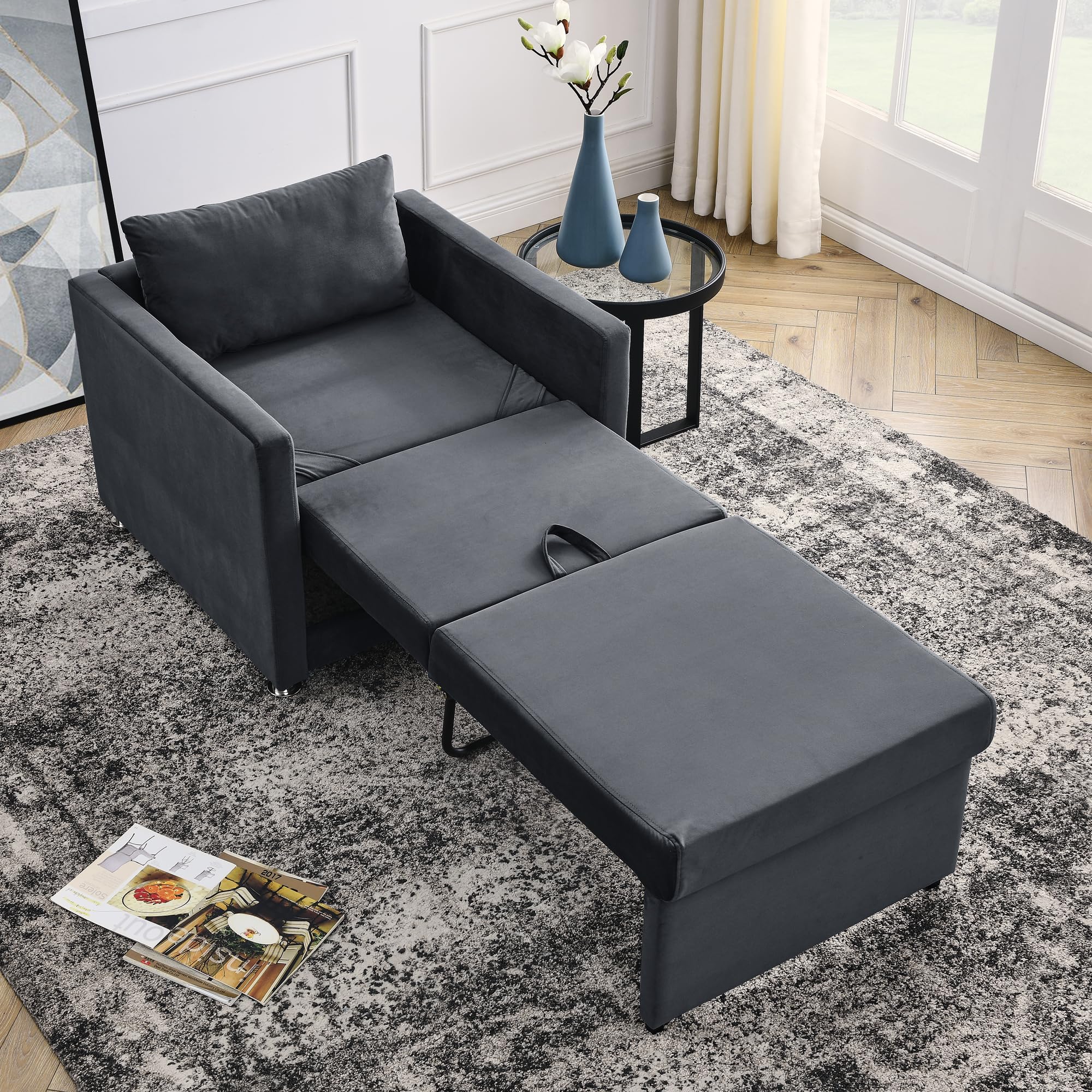 Futon Folding Single Chair Bed,Convertible Sleeper Sofa 2-in-1 Pull Out Lounge Chair Beds with Pillow&Pocket for Living Room Apartment Office(Grey)