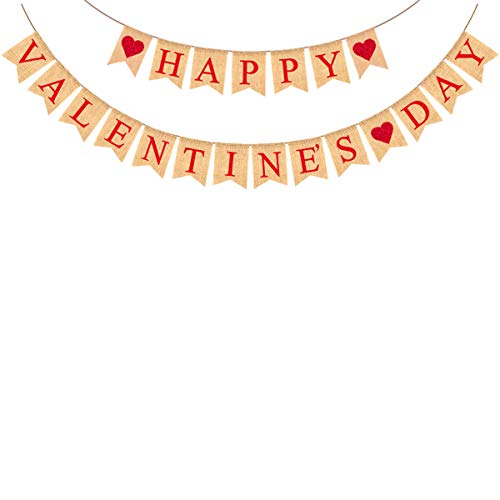 Happy Valentines Day Banner Valentine’s Day Decorations Glitter Heart Burlap Bunting Photo Props for Homes Stores Schools Valentine Day Party Decoration Assembled