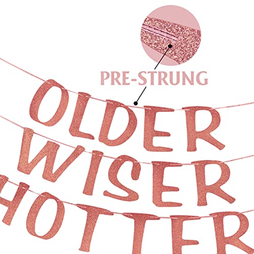 Older Wiser Hotter Banner, Funny Birthday Party Decorations for Adults, Rose Gold Glitter Party Supplies for Women, 30th 40th 50th 60th 70th 80th Bday Triangle Flags Sign Decor