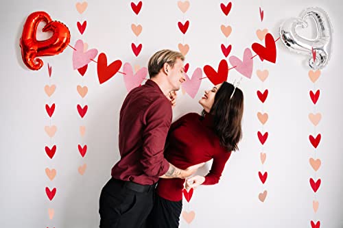 Valentines Day Decor, Heart Garland Love Banner Happy Valentines Day Banner Red Pink Glittery Heart Valentines Decorations Hanging Rustic Valentine Décor for Home Decor for Mantle Fireplace Wall