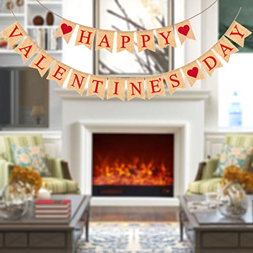 Happy Valentines Day Banner Valentine’s Day Decorations Glitter Heart Burlap Bunting Photo Props for Homes Stores Schools Valentine Day Party Decoration Assembled